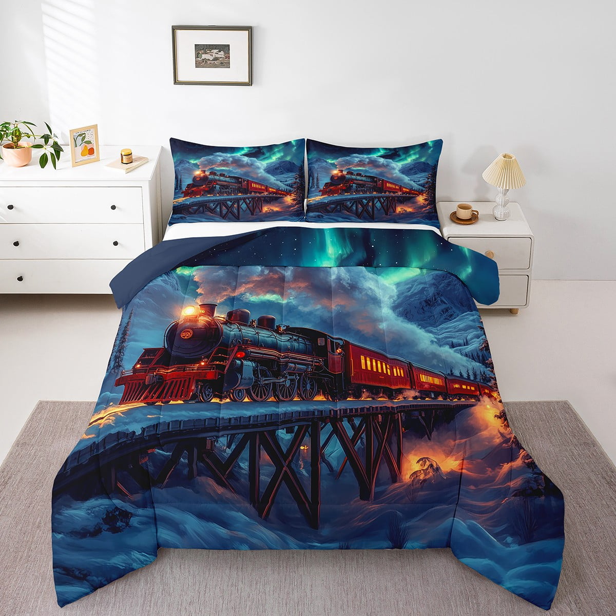Vintage Train Comforter Set Steam Engine Galaxy Starry Bedding Sets ...