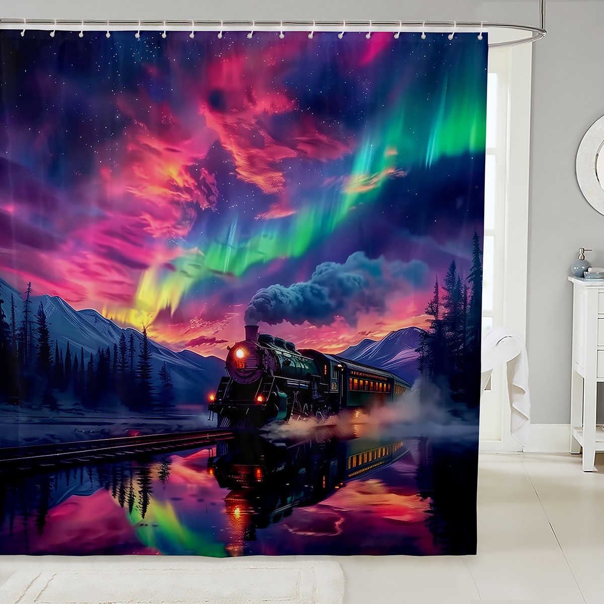 Vintage Train Fabric Shower Curtain Colorful Starry Sky Bathroom Shower Curtain Sets Chil Train ...