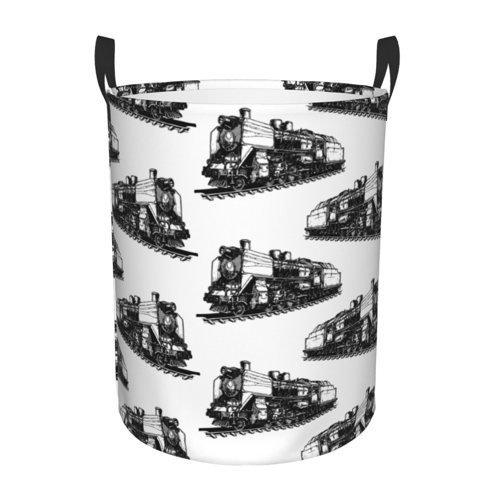 Vintage Train Pattern Round Laundry Basket, Laundry Hamper with Handle ...