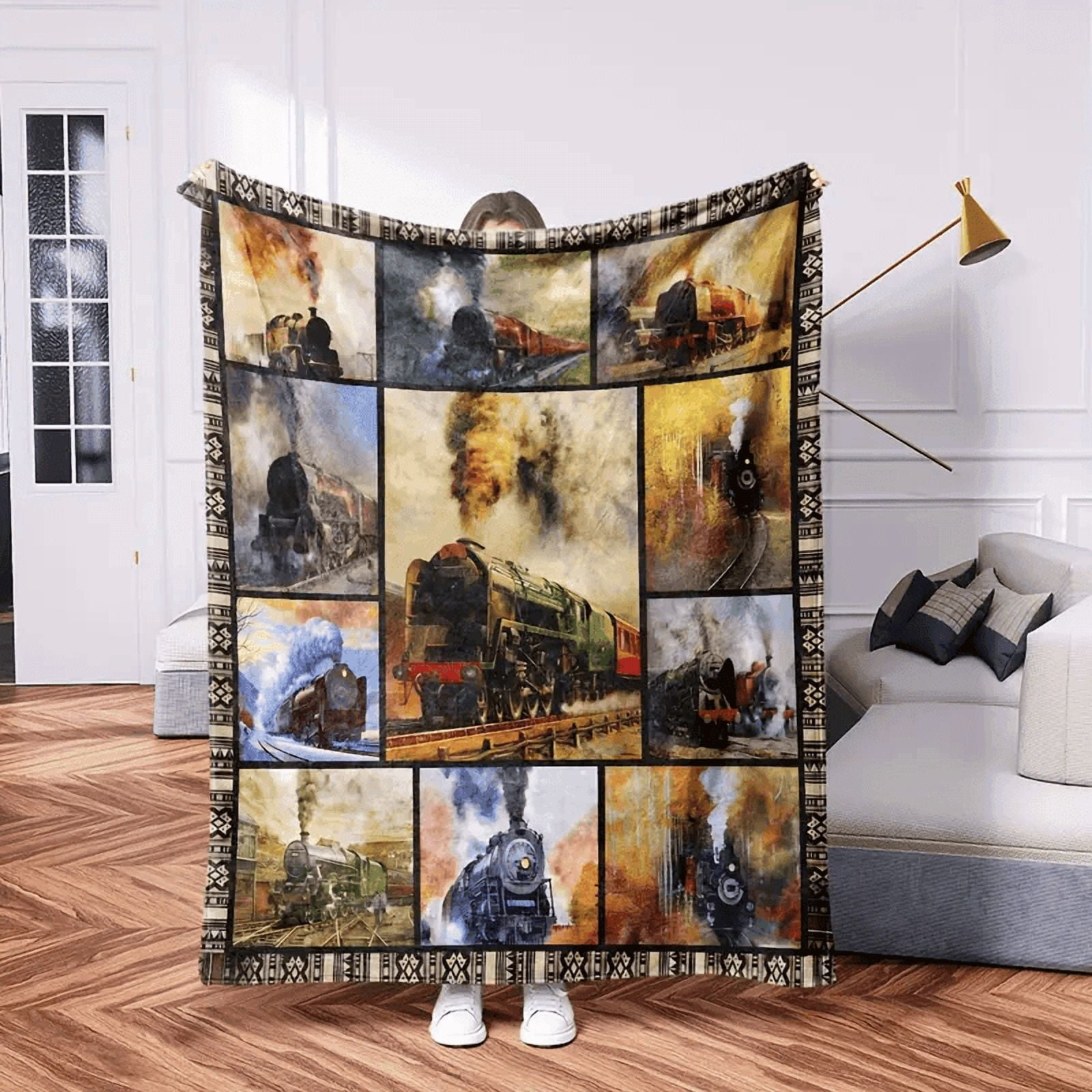 Vintage Train Printed Blanket, Railway Locomotive Theme Throw for Bed ...