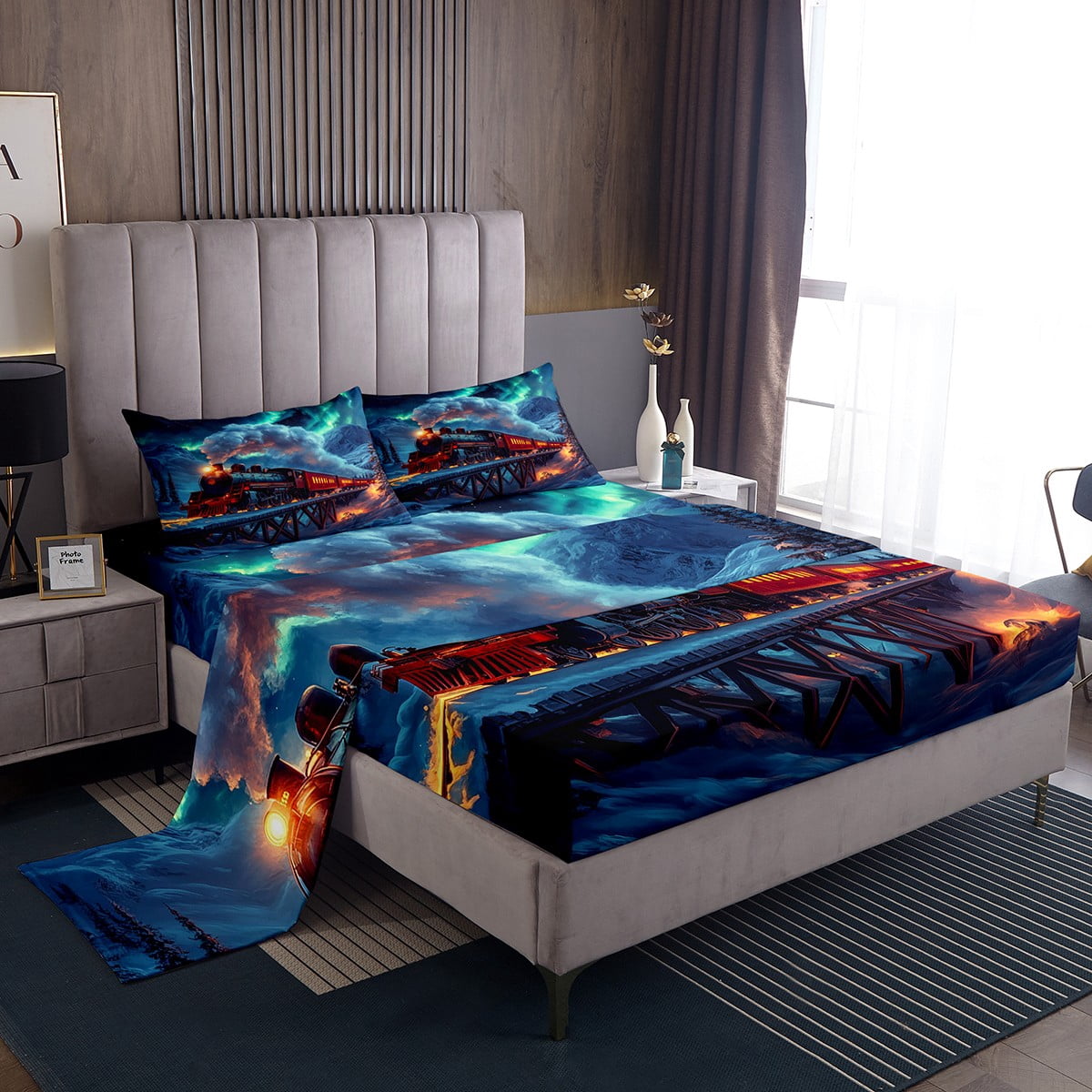 Vintage Train Queen Sheet Set Steam Engine Galaxy Starry Sheets Rail ...