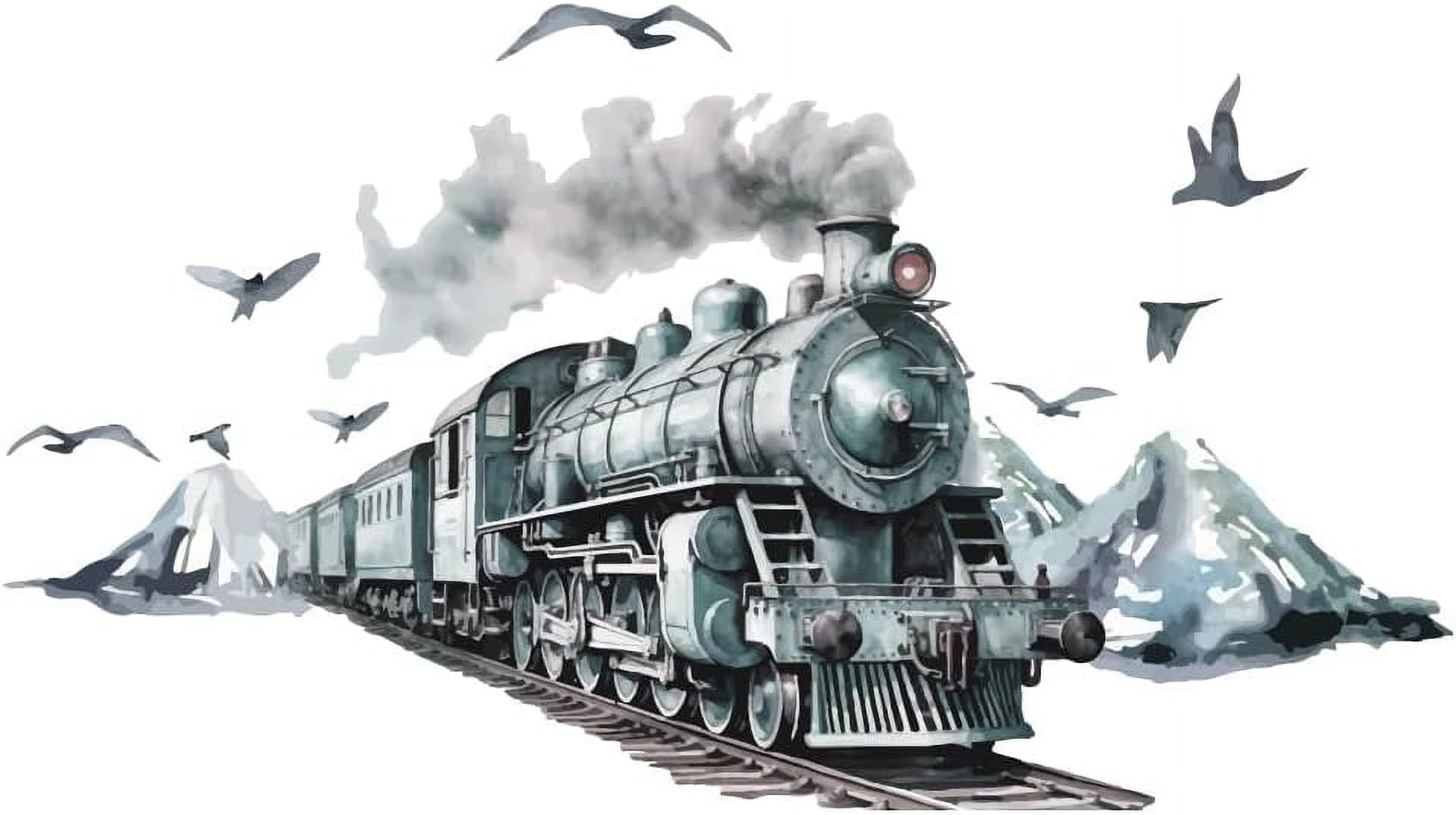 Vintage Train Wall Sticker Mountain Birds Wall Decal Watercolour Train ...