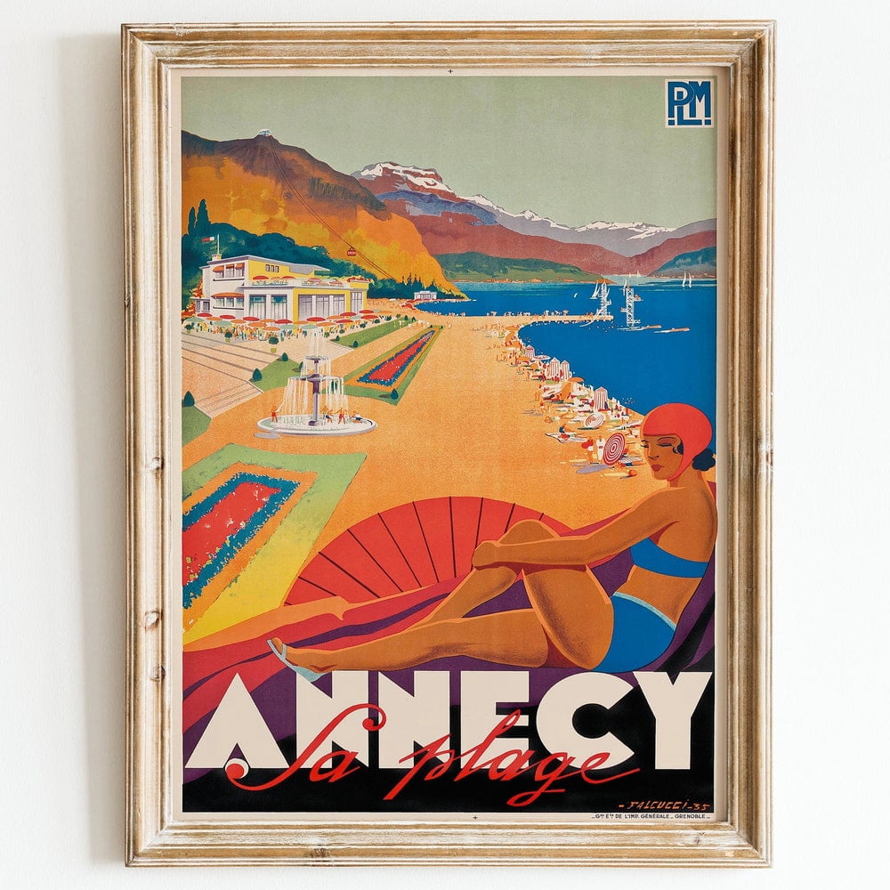 Vintage Travel Poster French Alps Art Woman In Bikini Art Beach Resort ...