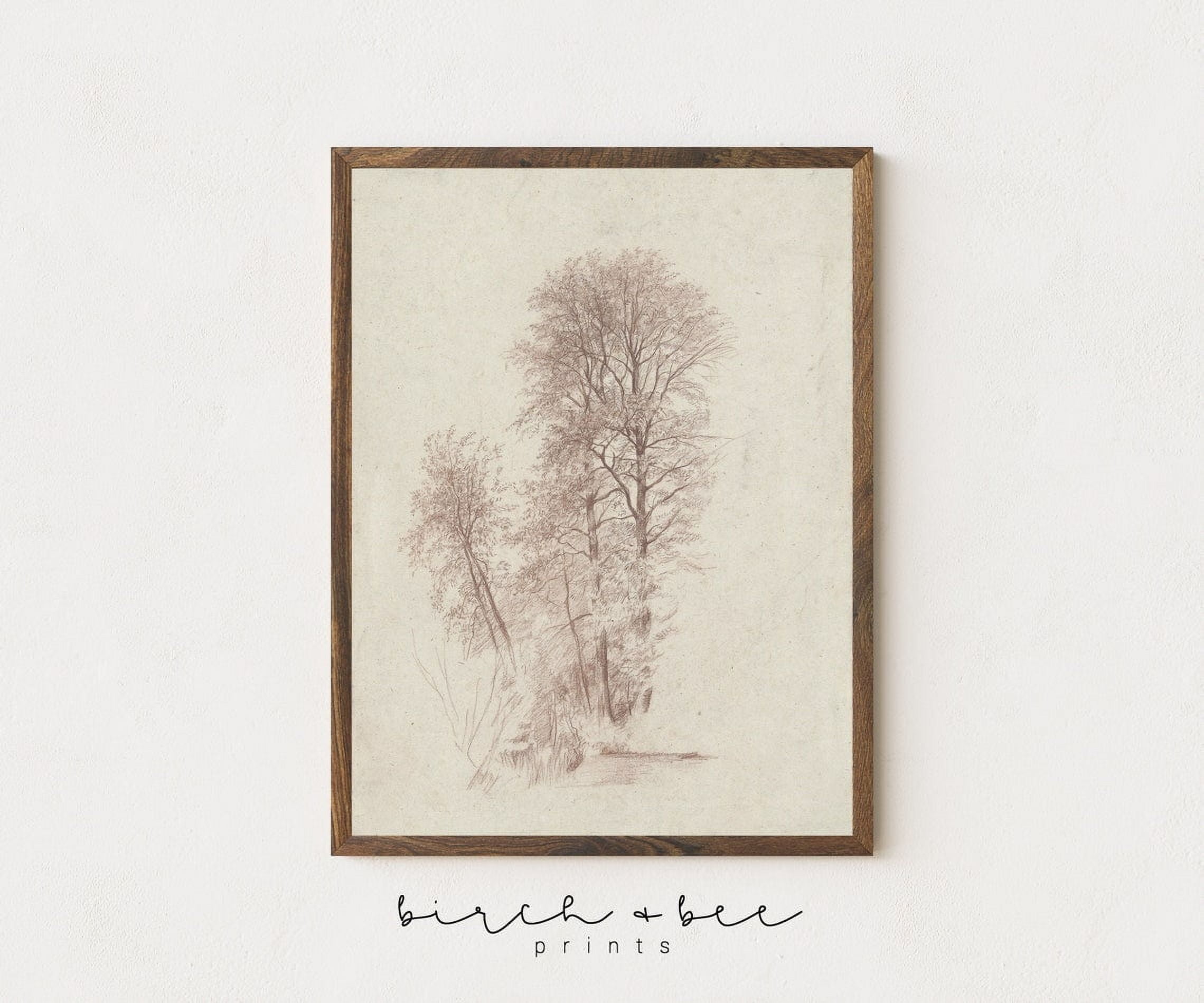 Vintage Tree Drawing Minimalistic Antique Tree Sketch Cabin Art Print ...