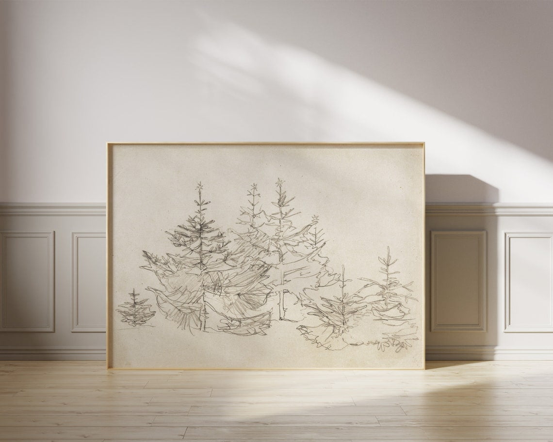 Vintage Tree Drawing, Winter Trees Sketch, Horizontal Print, Evergreen ...