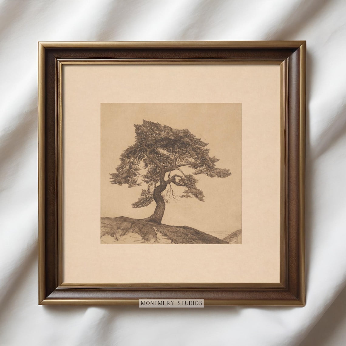 Vintage Tree Etching, Tree in a Landscape Print, Square Poster, Antique ...