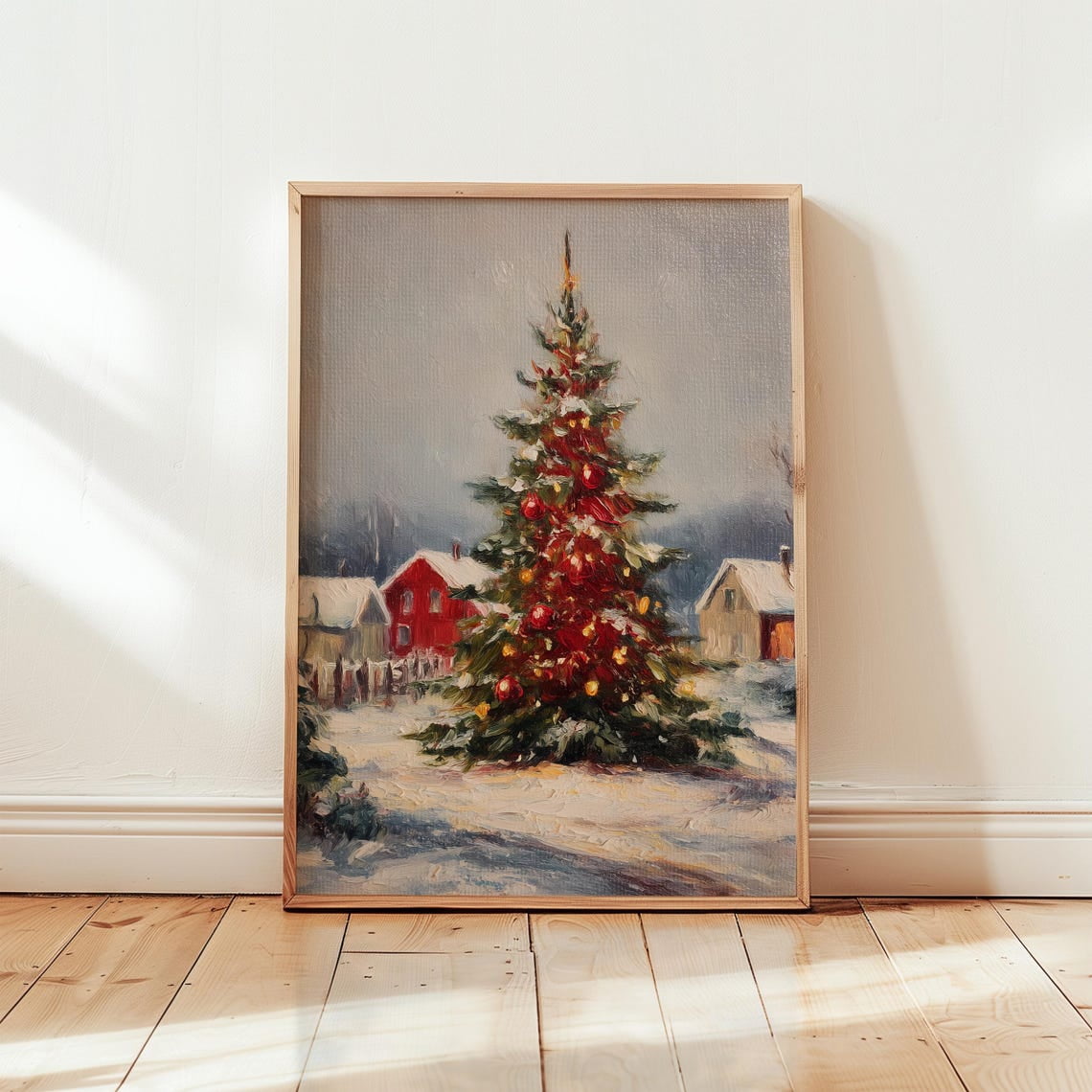 Vintage Tree, Festive Winter Landscape Art, Rustic Snowy Scene, Cozy ...
