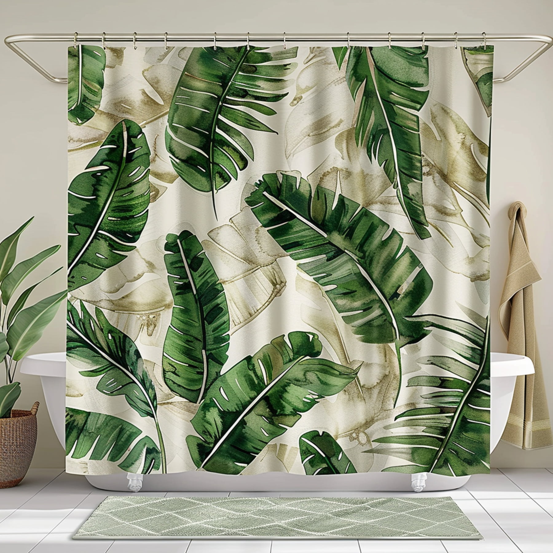 Vintage Tropical Rainforest Banana Leaves Bathroom Curtain Set Green