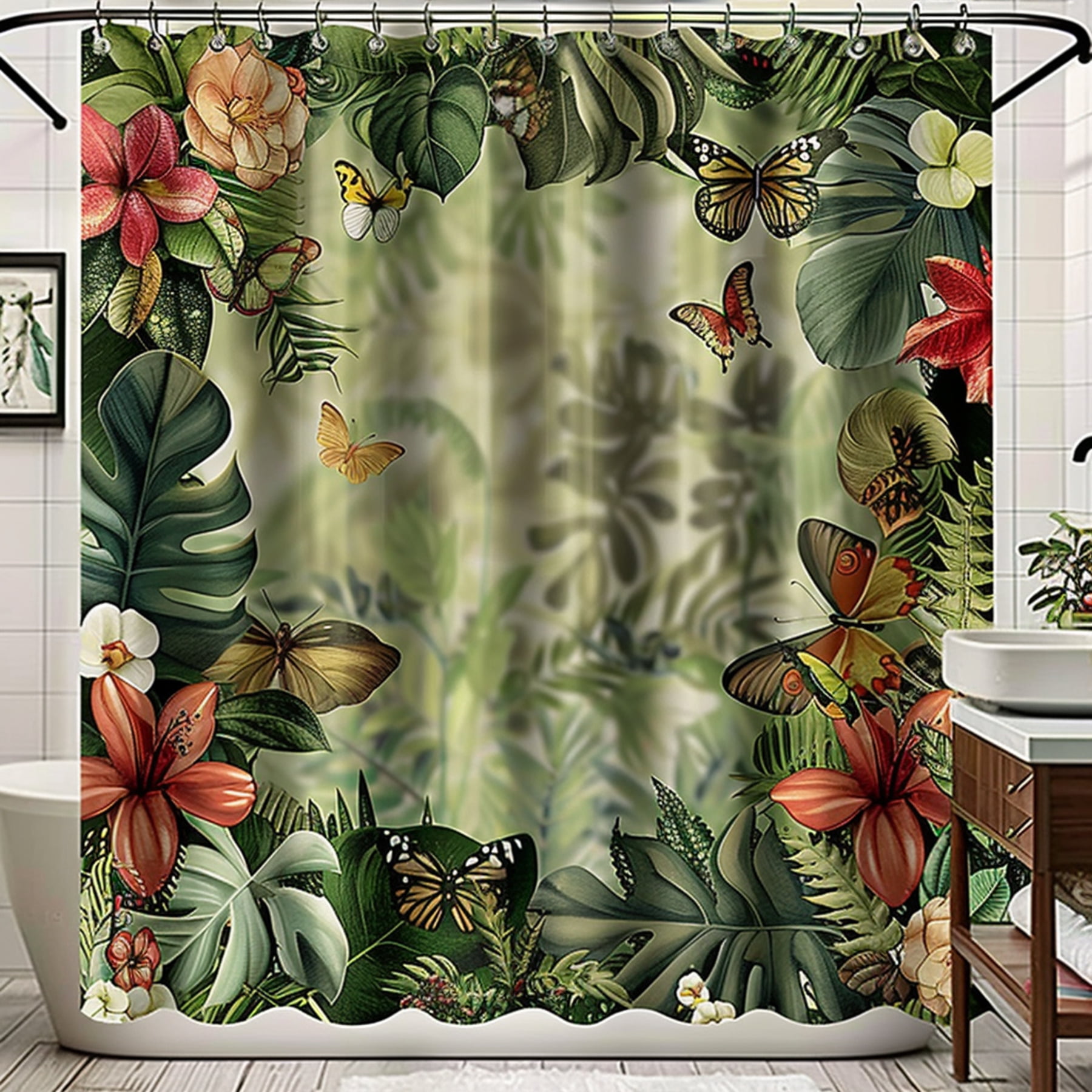 Vintage Tropical Rainforest Shower Curtain With Butterflies And Flowers