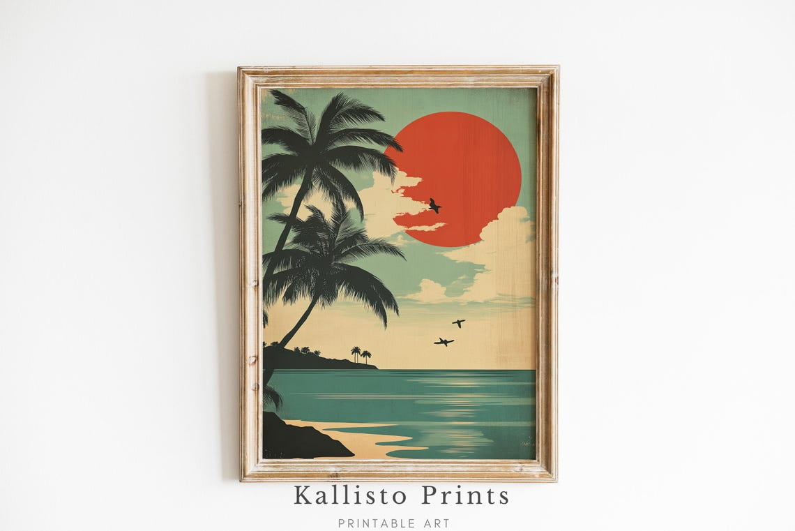 Vintage Tropical Sunset Print Poster, Retro Palm Tree Beach Art ...