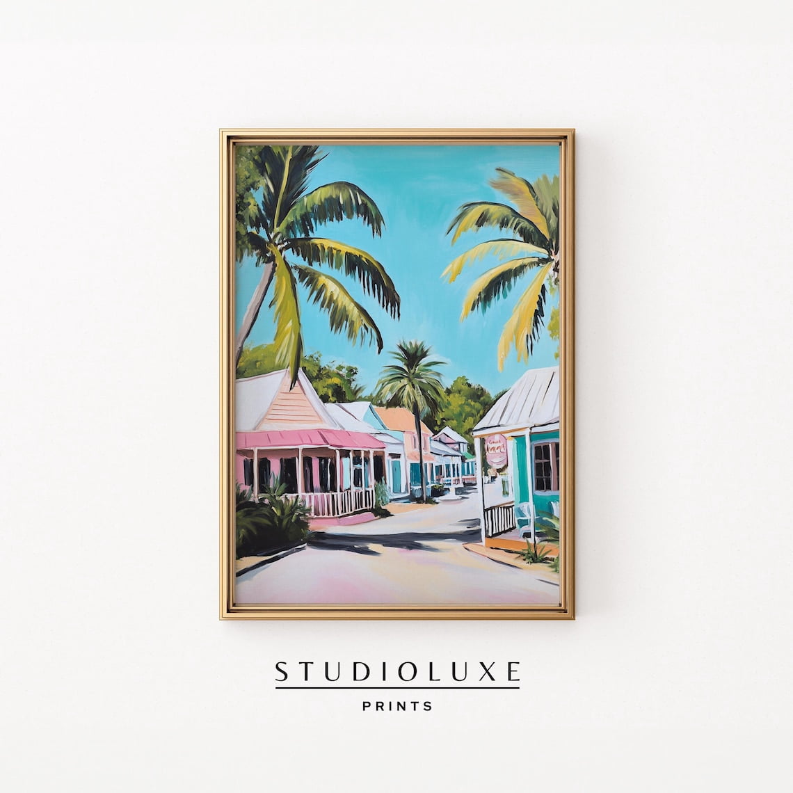 Vintage Tropical Village Cottages Retro Coastal Palm Trees Sunlit ...