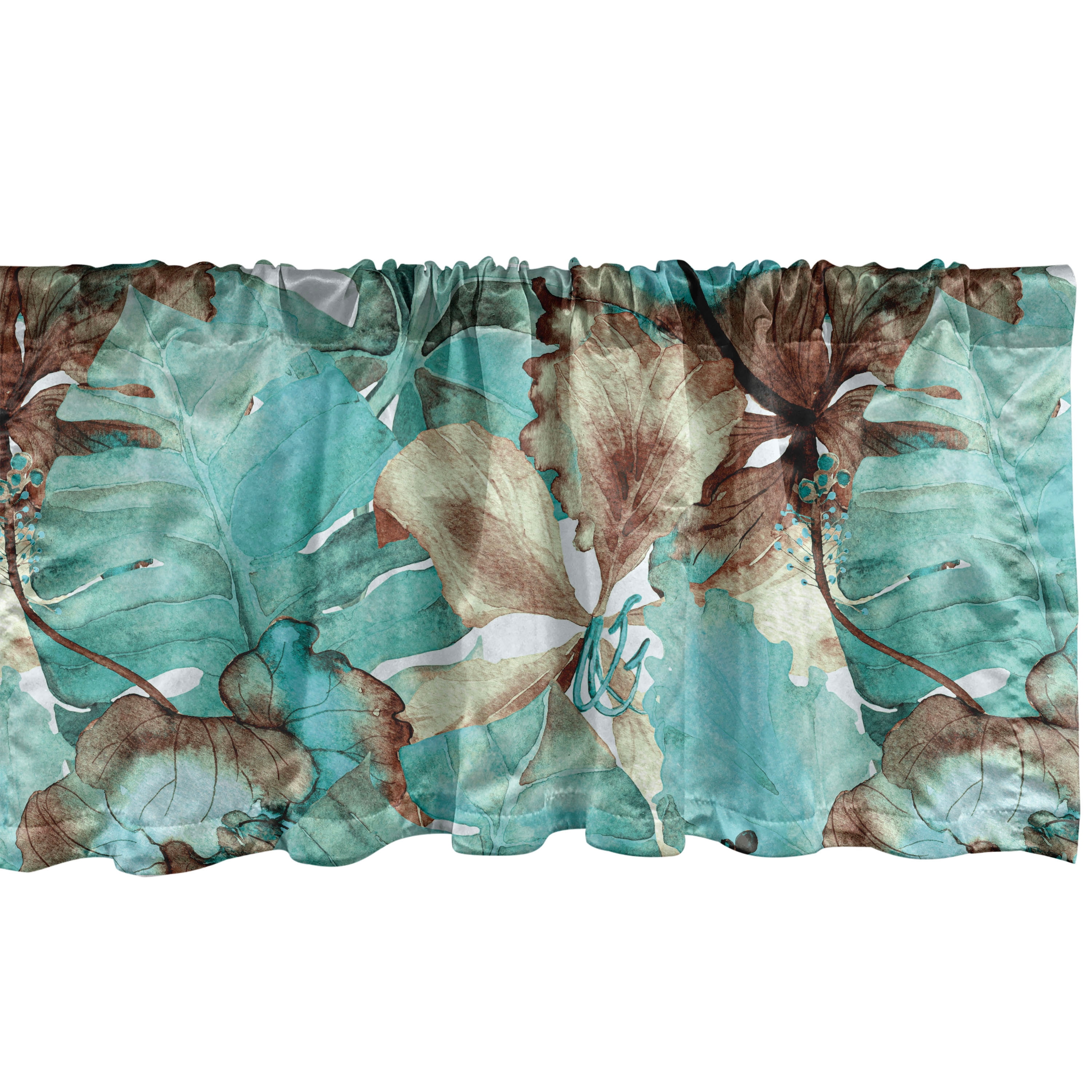 Vintage Tropical Window Valance, Exotic Monstera Leaves with Hibiscus ...