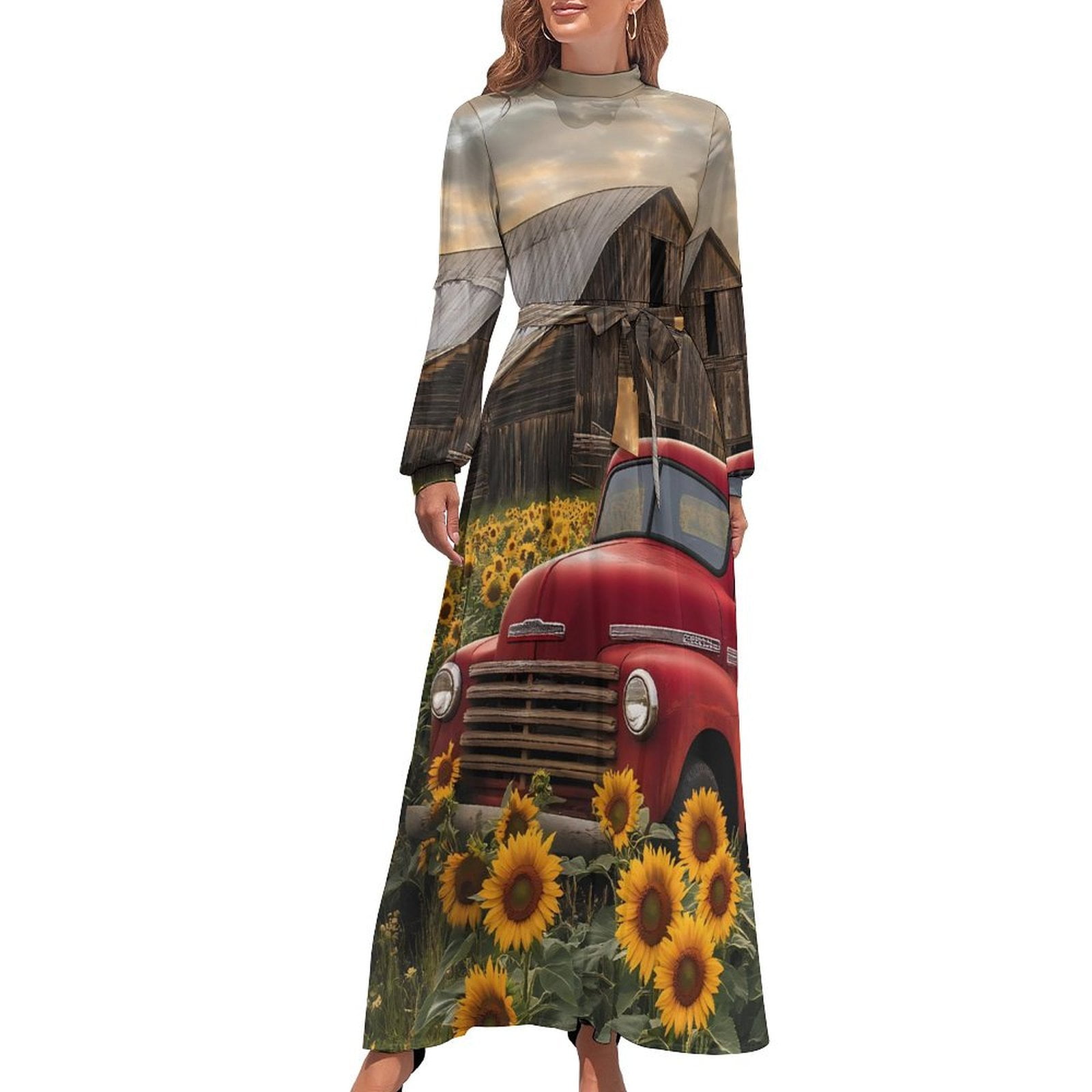 Vintage Truck Sunflowers And Farmhouse Women's Fall Maxi Dress Long ...