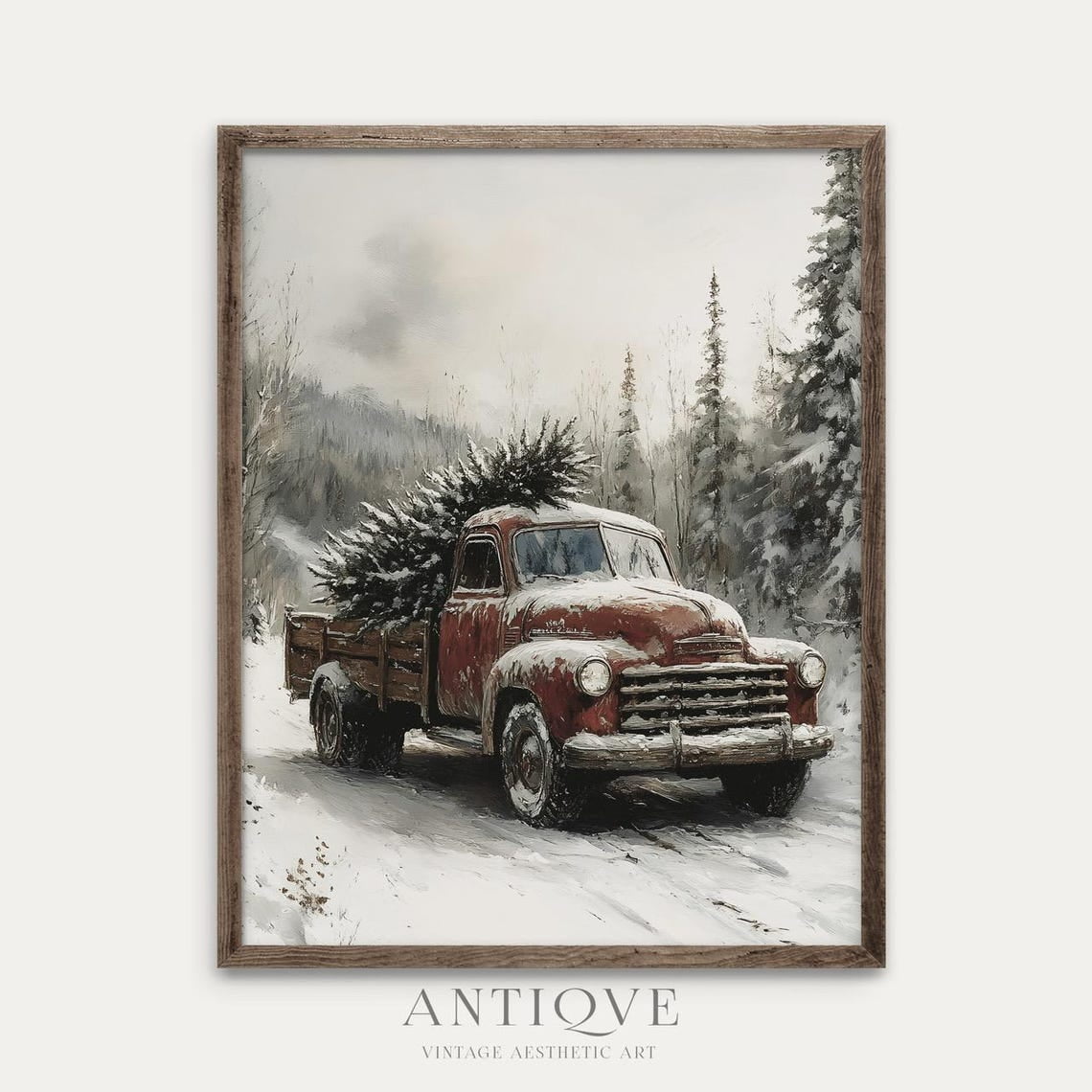 Vintage Truck With Tree In The Snow, Winter Art, Cozy Rustic Poster ...