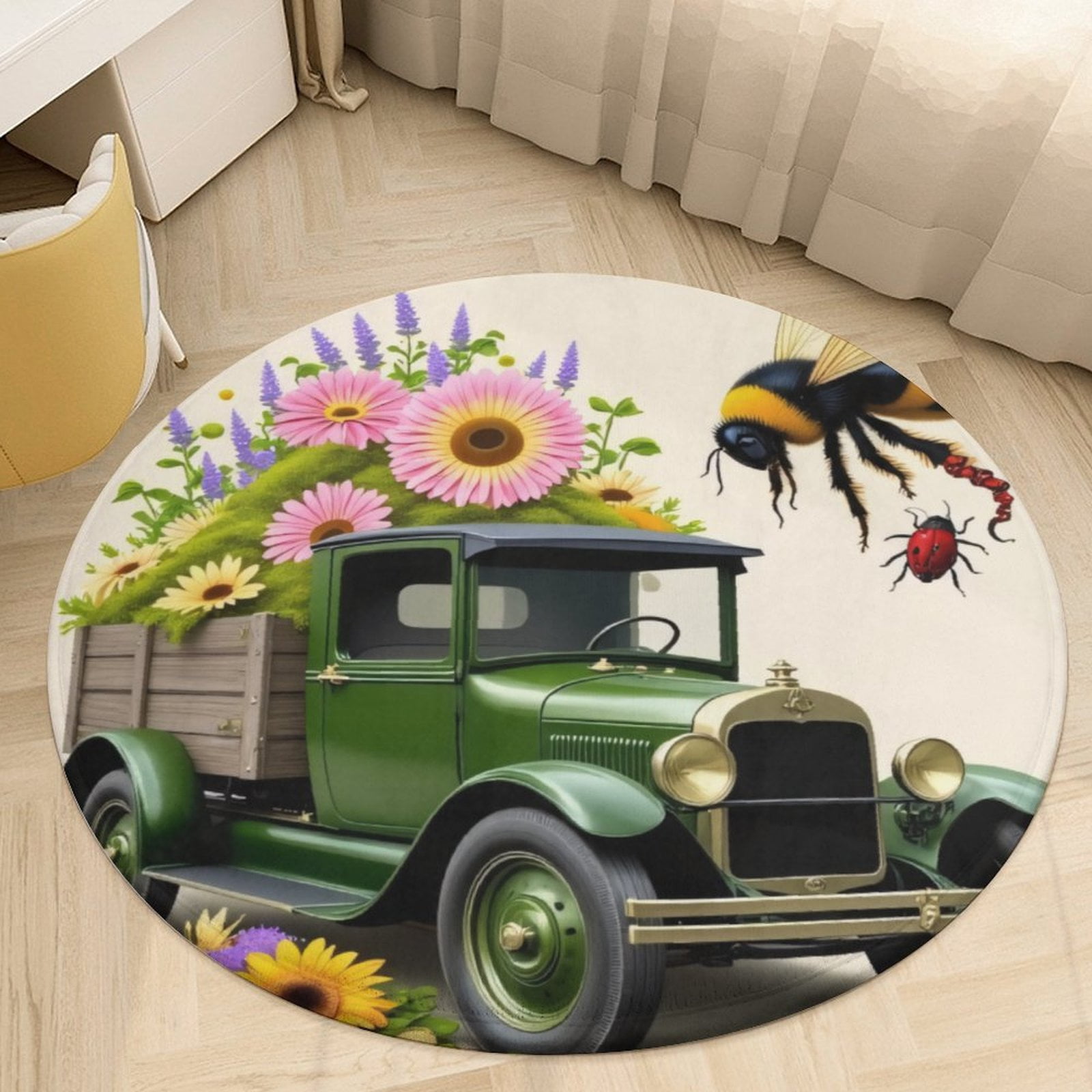 Vintage Truck with Flowers And Bees Round Area Rugs for Bedroom Living ...