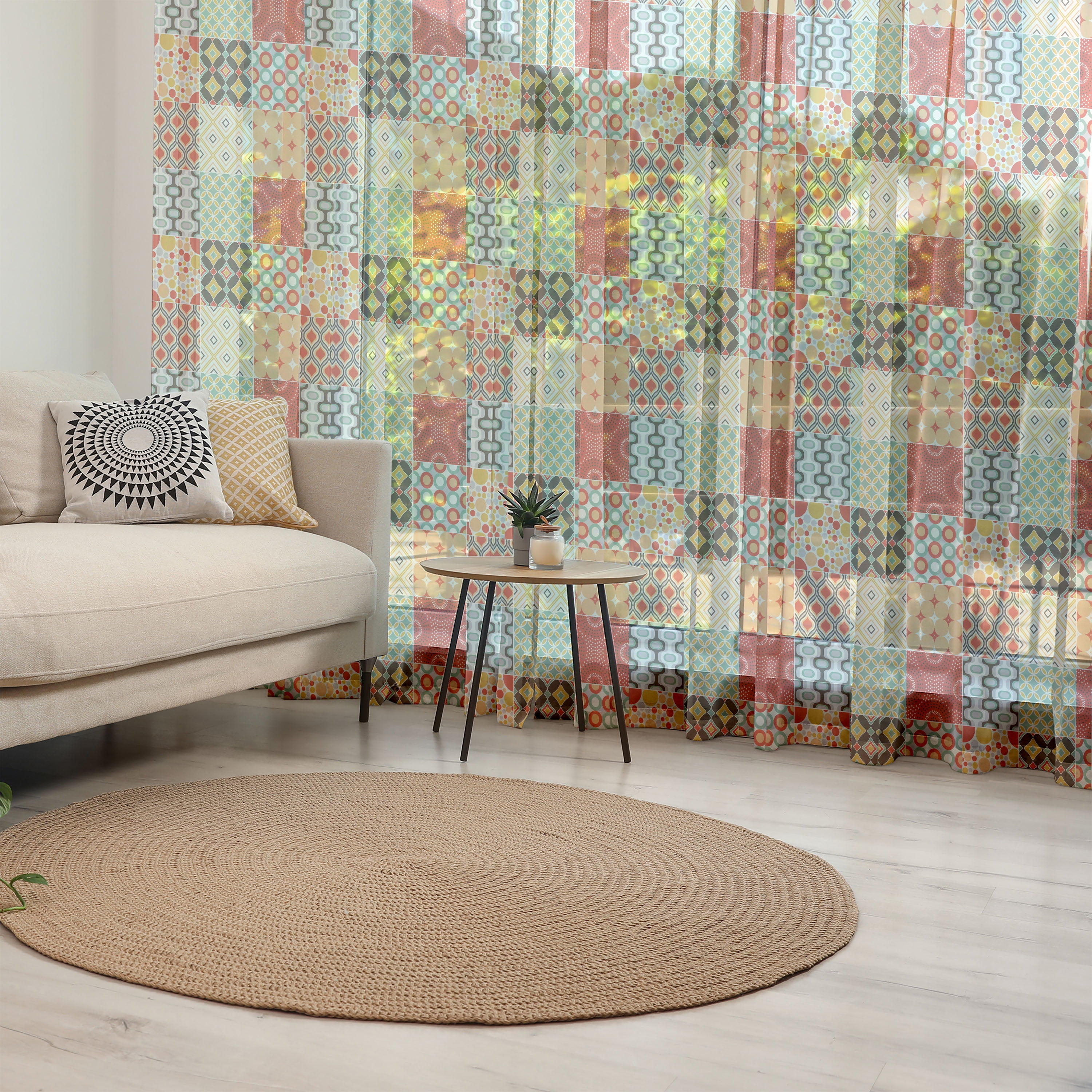 Vintage Tulle Curtains with Rod Pocket, Mosaic Retro Style Patterns ...