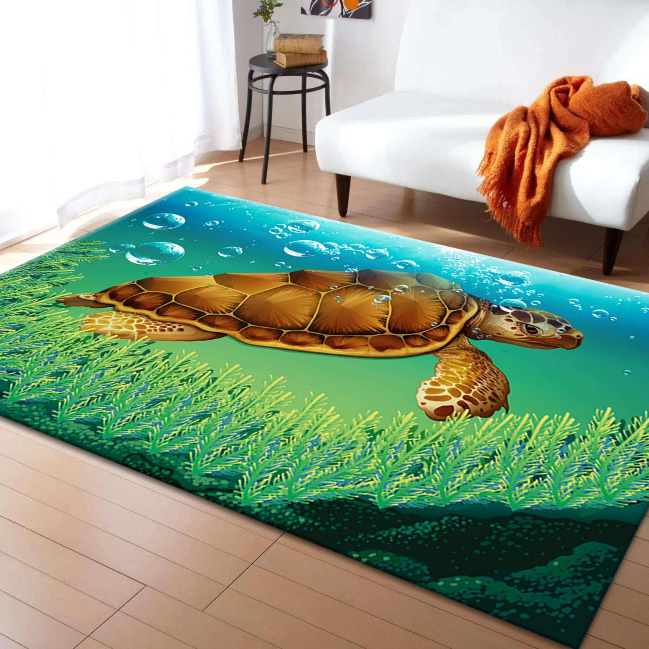 Vintage Turtle Area Rug,Underwater World Green Seagrass Botanical Print ...