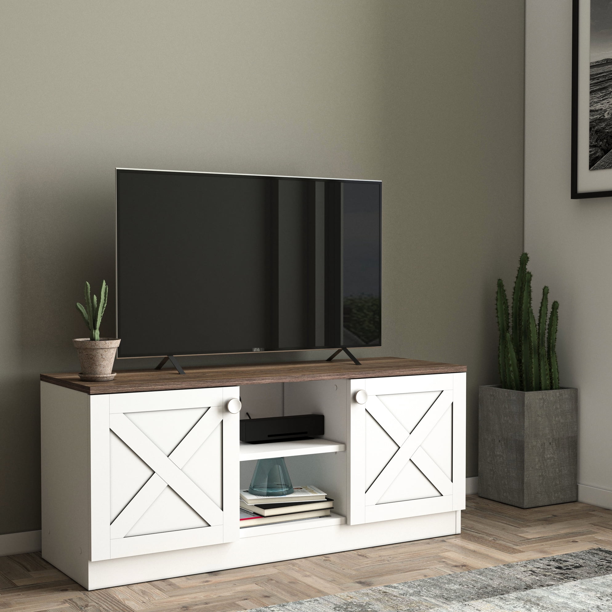 Vintage Tv Stand, 80 - 89 Inches, 2 Cupboards, White, Wood Base White ...