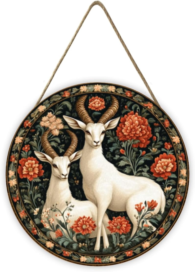 Vintage Twin Antelopes & Floral Wood Sign 8x8 Inch Wood Circle Hanging ...