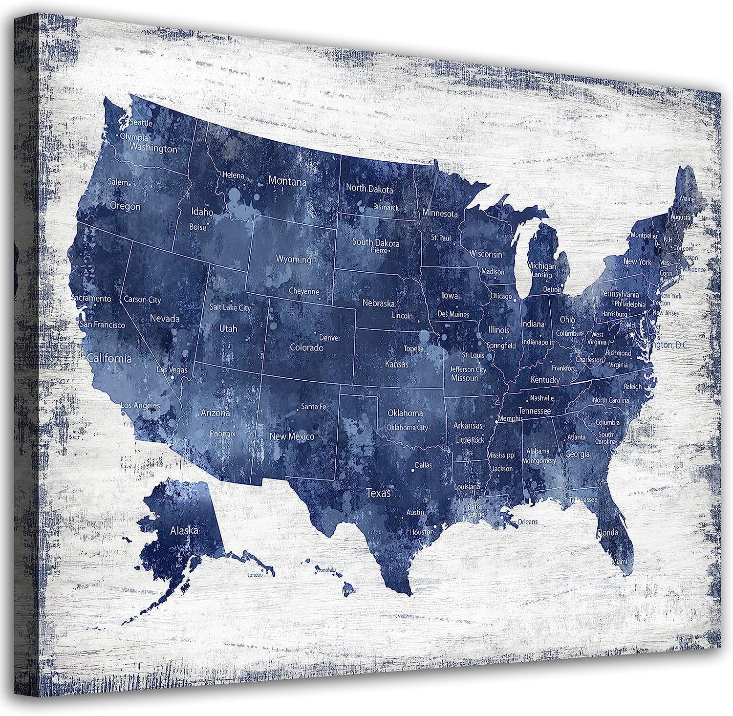 Vintage US Map Wall Art Indigo America Map Canvas Wall Decor Retro Blue ...