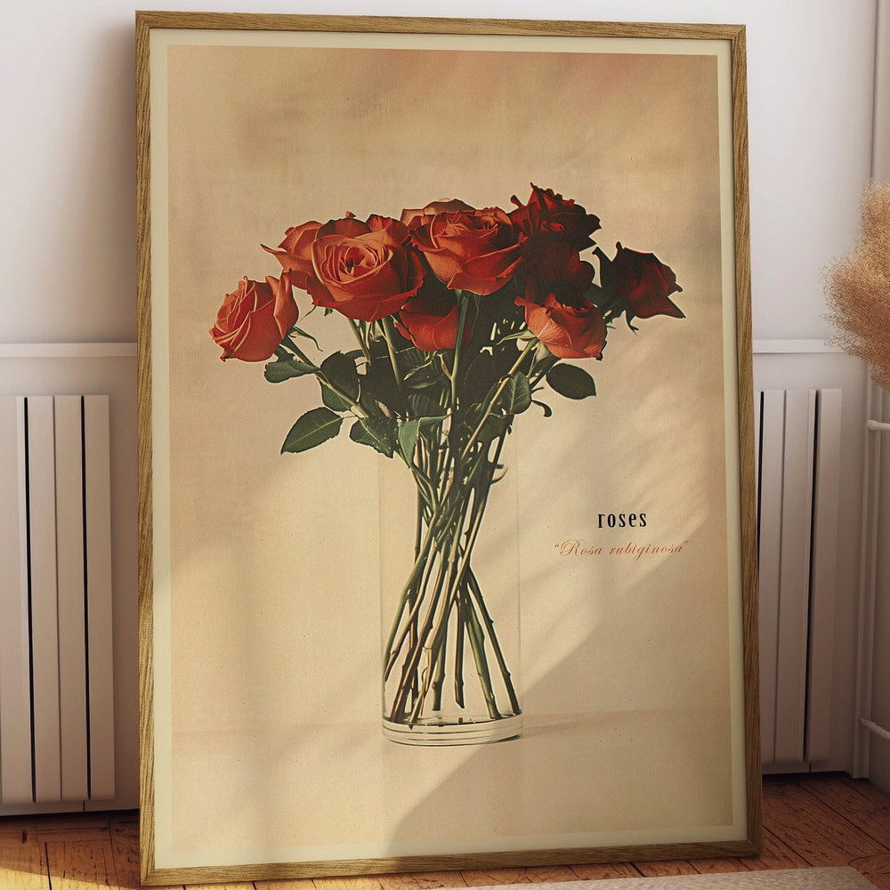 Vintage Vase Of Red Roses Print Flower Illustration Botanical Painting ...