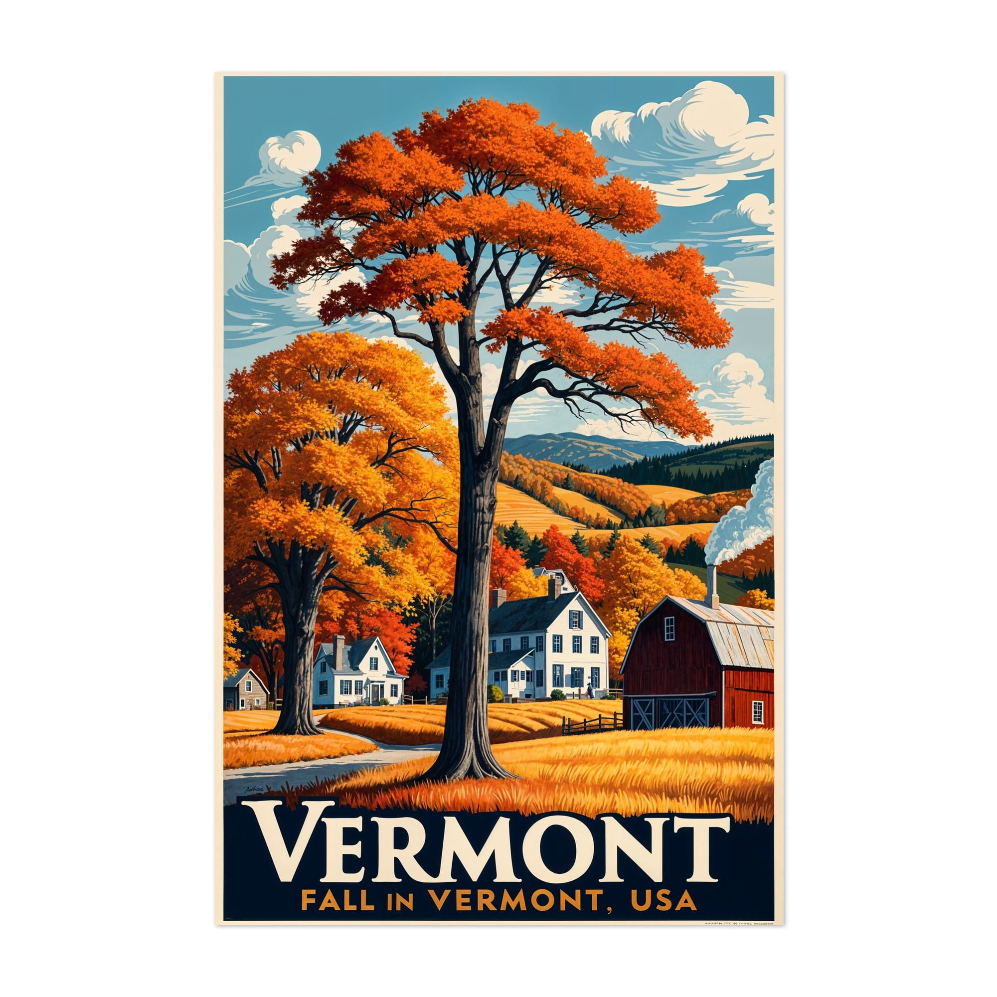 Vintage Vermont Fall Illustration | Autumn Landscape Art - Vermont ...