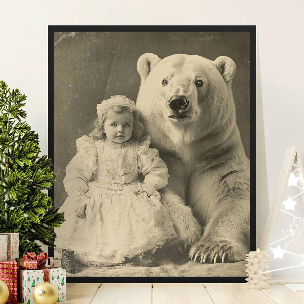 Vintage Victorian Child With Polar Bear Art Print, Antique Style Wall ...