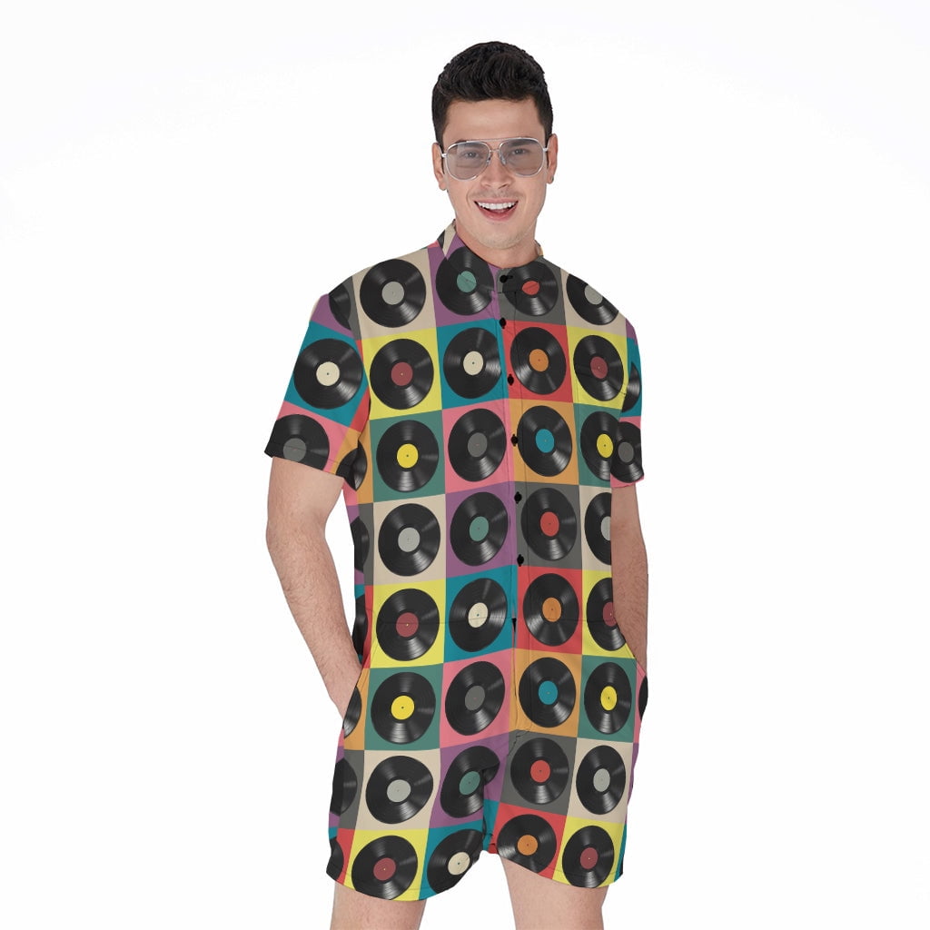 Vintage Vinyl Records Pattern Short Sleeve Men'S Rompers Casual Summer ...