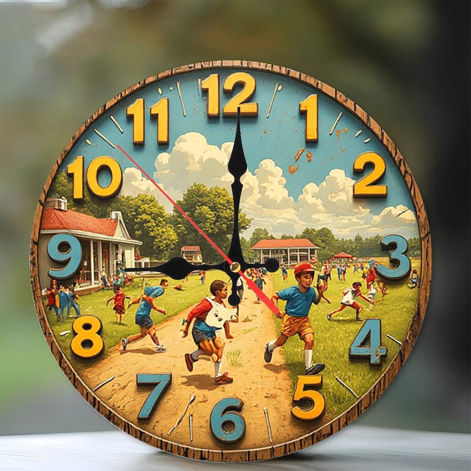 Vintage Wall Clock Retro Kids Playing Sports Game Clock 10-Inch Silent ...