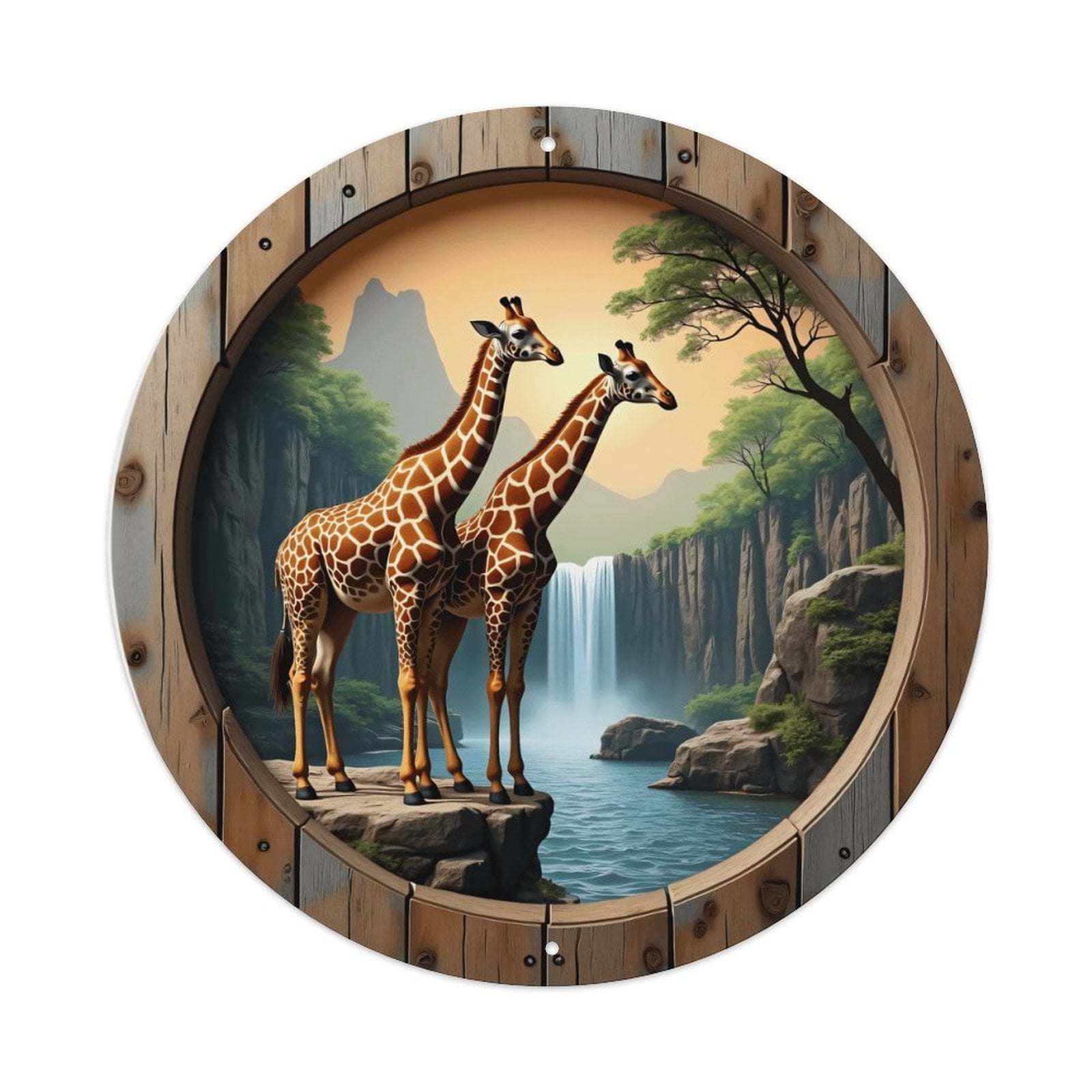 Vintage Wall Decor Giraffes Waterfall Landscape Wall Plaque Sign Round ...