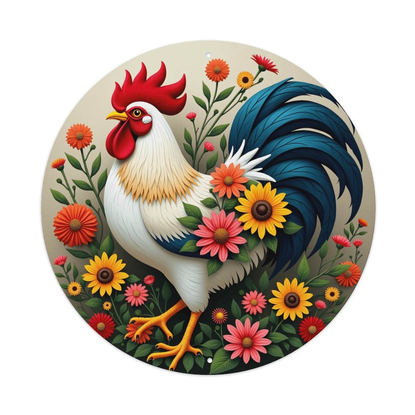 Vintage Wall Decor Rooster Chicken Flowers Wall Plaque Sign Round Metal ...