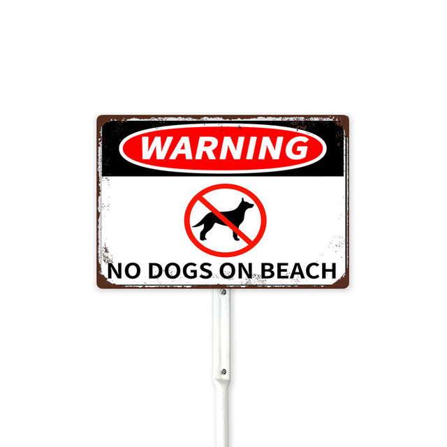 Vintage Warning Sign NO DOGS ON BEACH RED CROSSED CAUTION Yard Sign ...