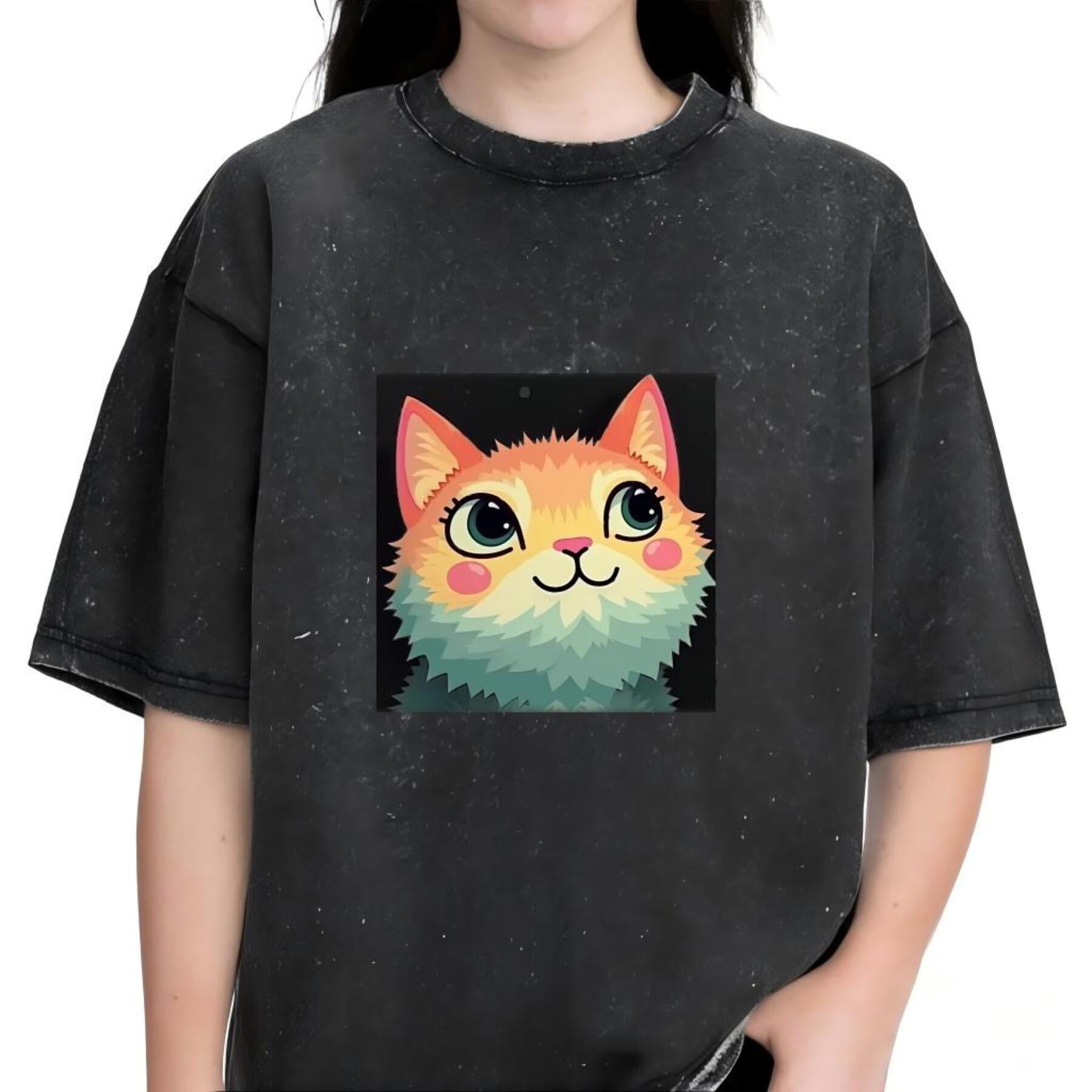Vintage Washed Cotton Short Sleeve T-Shirt for Women - Colorful Cartoon ...