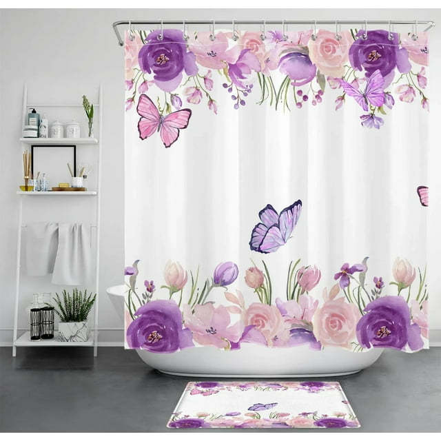 Vintage Watercolor Butterfly And Purple Floral Shower Curtain Set