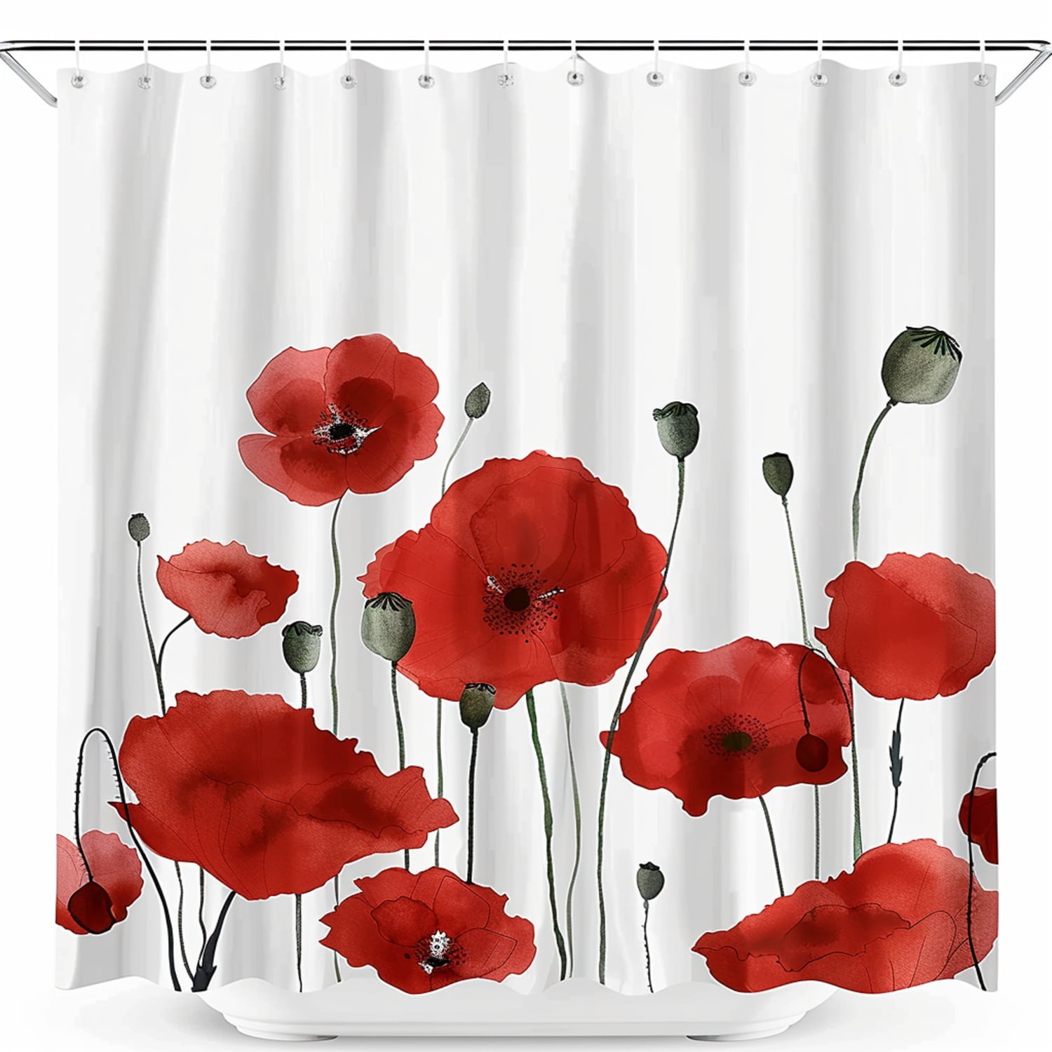 Vintage Watercolor Red Poppies Shower Curtain Elegant Floral Bathroom