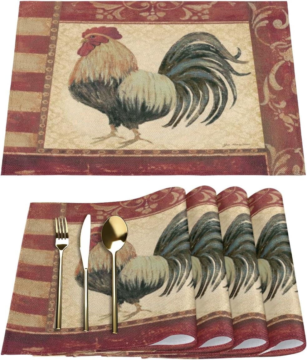 Vintage Watercolor Rooster Placemats Set of 6 Fabric Placemats Square ...