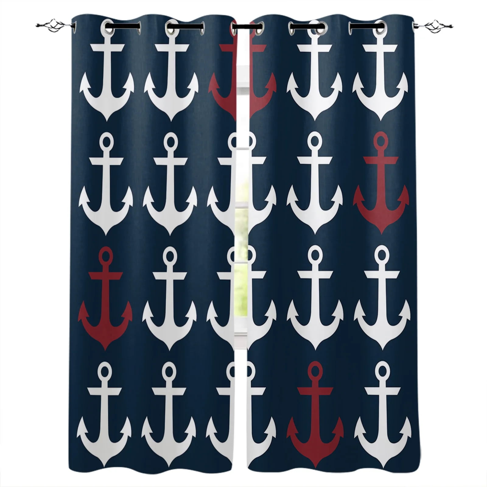Vintage Watercolor Ship Anchor With Wave Spots Window Curtain For ...
