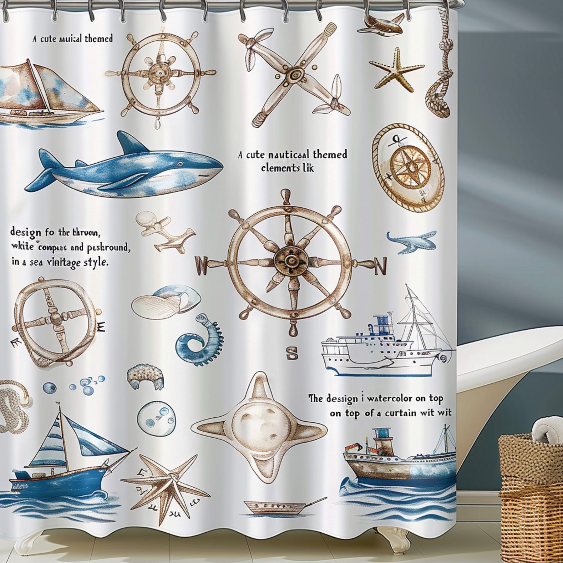 Vintage Watercolor Shower Curtain Ship's Wheel Compass & Sea Creatures ...