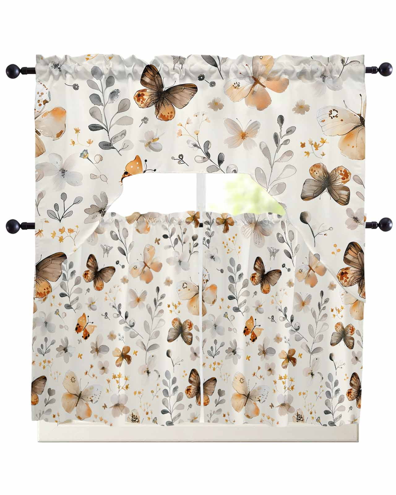 Vintage Watercolor Swag Valance and Tier Curtains Set Butterfly Flower ...
