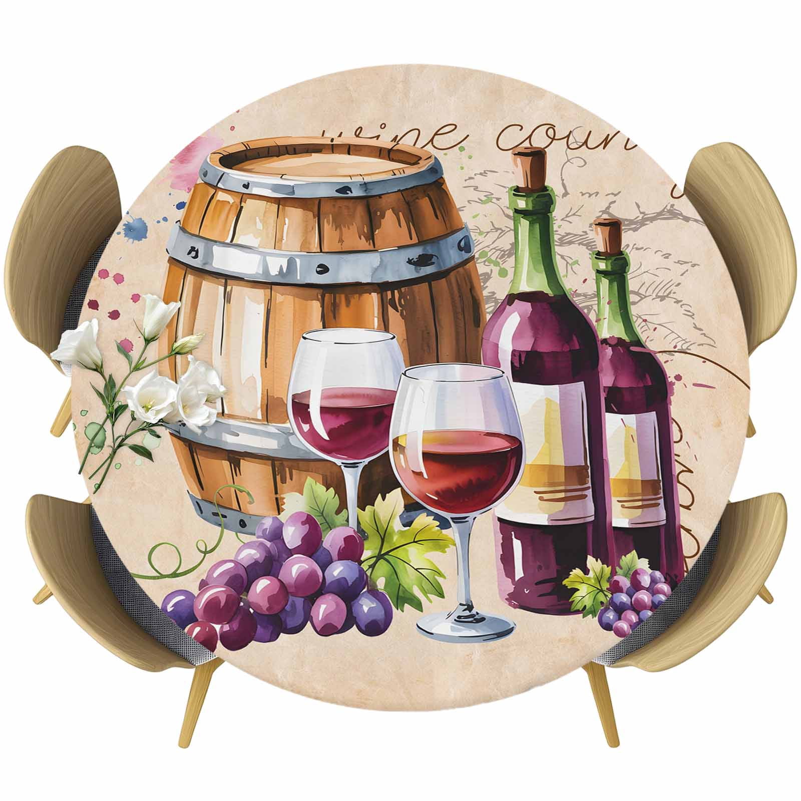 Vintage Watercolor Wine Round Tablecloth, Fitted Table Cover with ...