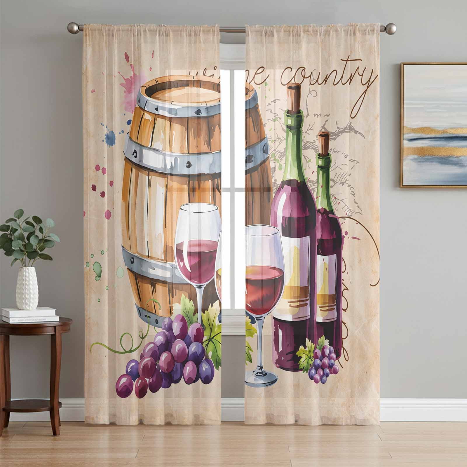 Vintage Watercolor Wine Sheer Curtains 63 Inch Length 2 Panels Set ...