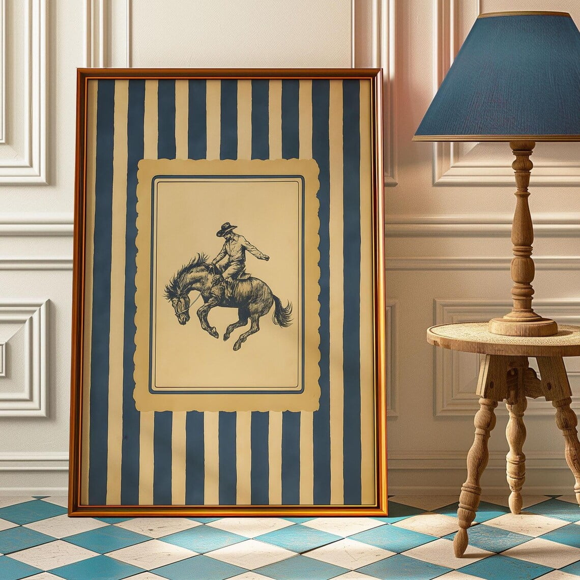 Vintage Western Cowboy, Rustic Rodeo Wall Art With Stripes, Bronco ...