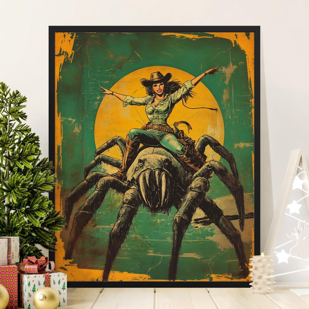 Vintage Western Cowgirl Riding Giant Spider Poster, Unique Retro Art ...