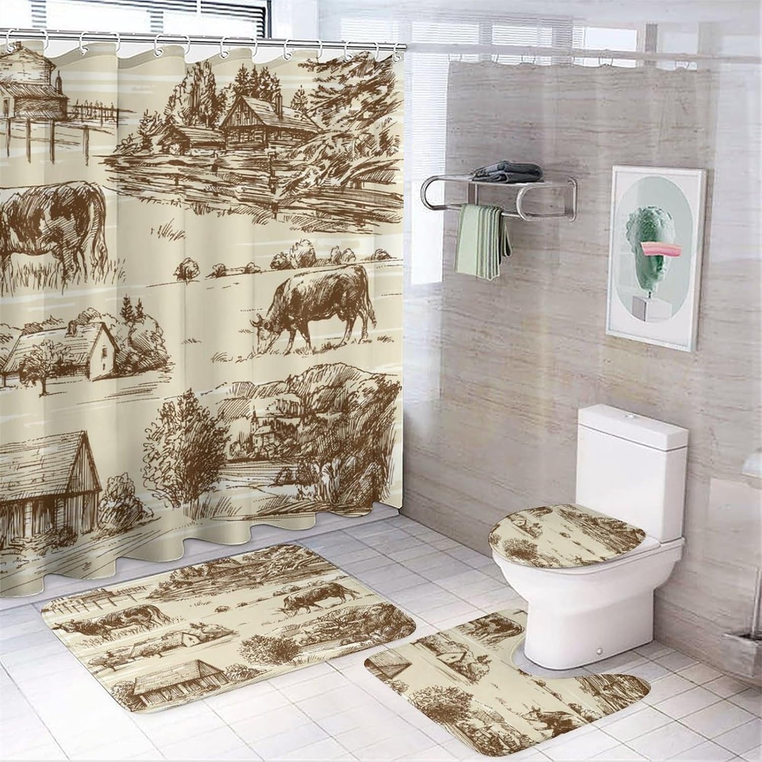 Vintage Western Farmhouse Shower Curtain Sets 4 Piece,Rustic Country ...