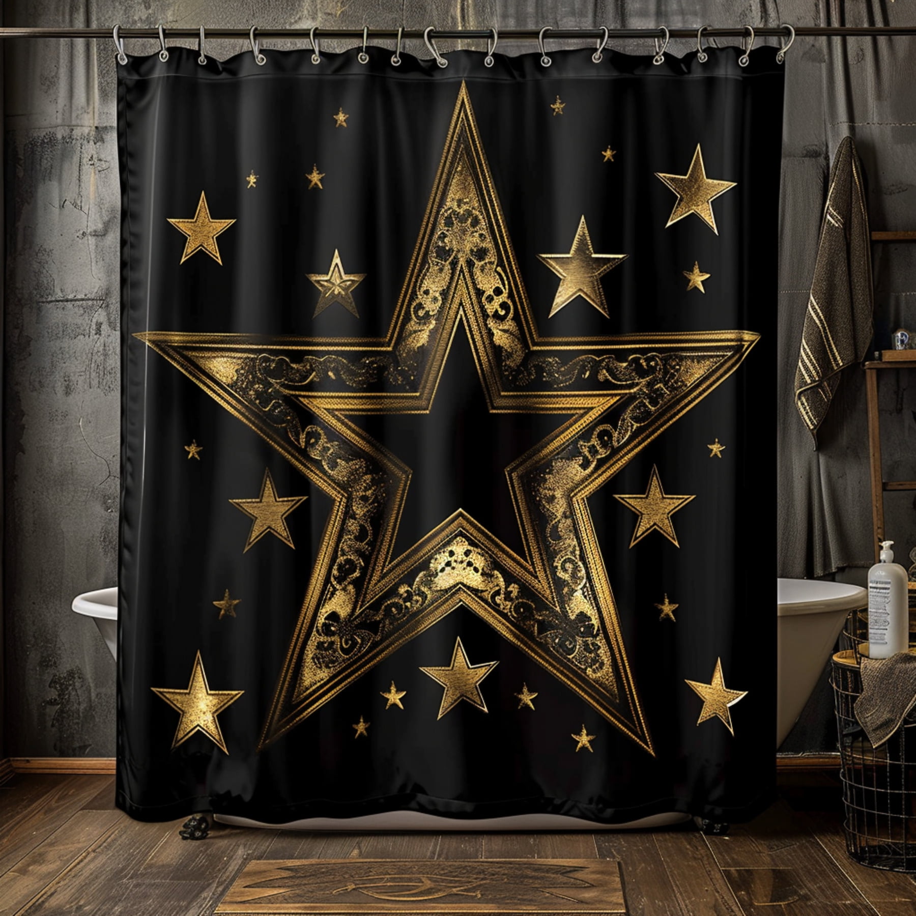 Vintage Western Star Design Shower Curtain Antique Gold on Black ...