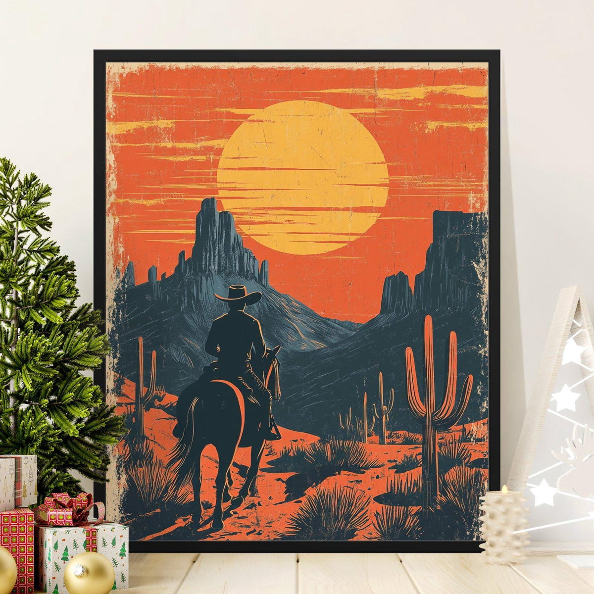 Vintage Western Sunset Cowboy Poster Desert Landscape Wall Art Print ...