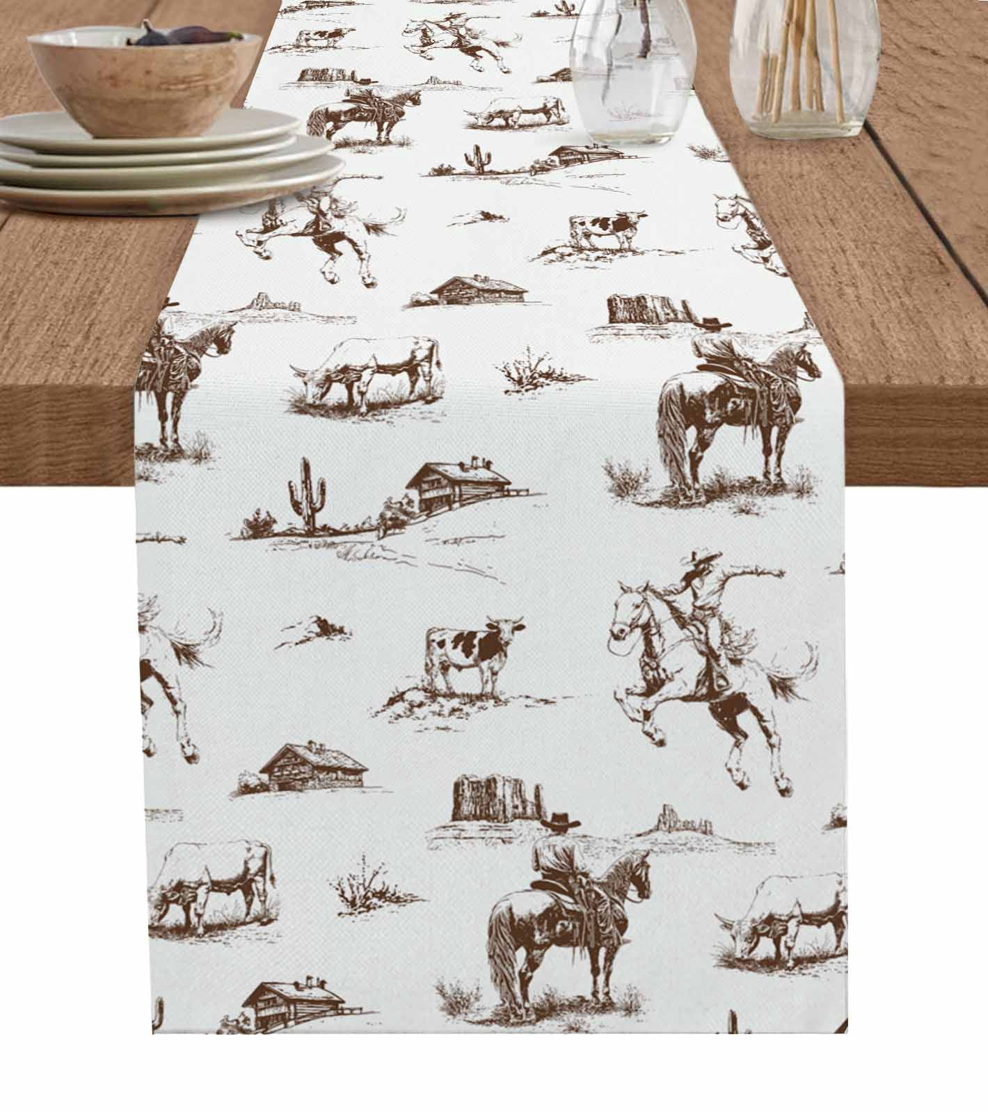 Vintage Western Table Runner 72 Inches, Retro Art Horse Cowboy ...