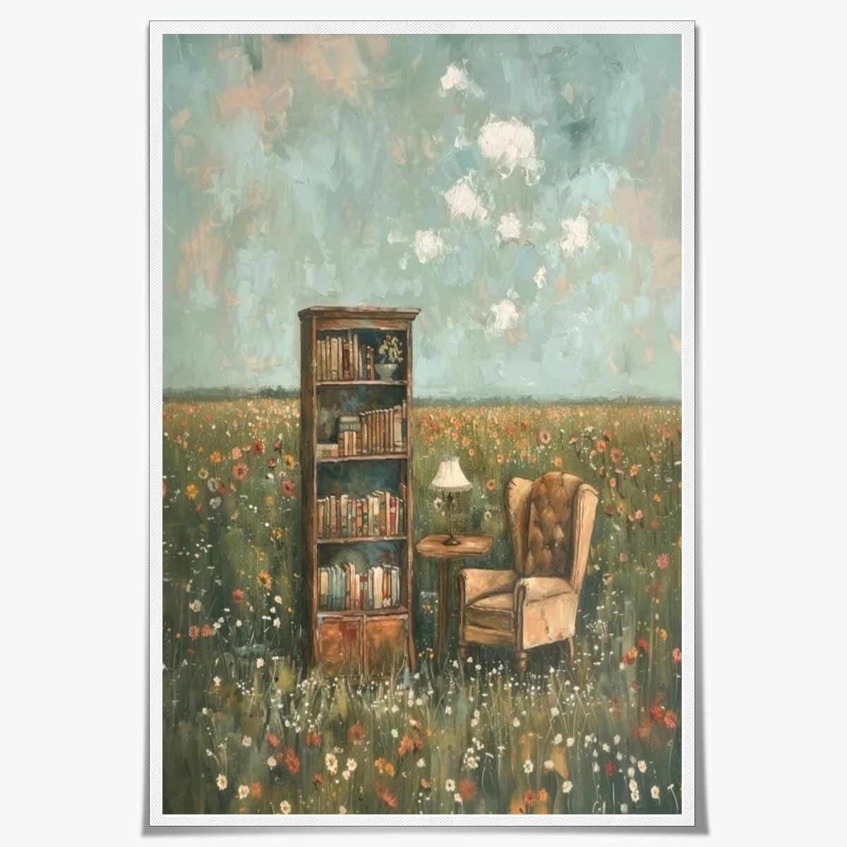 Vintage Whimsical Book Lover Art Print Impressionist Flower Field ...