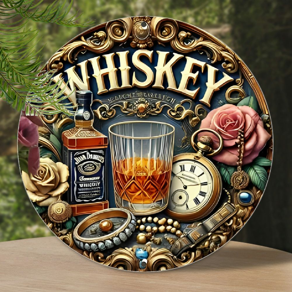 Vintage Whiskey Metal Sign - Rustic Round Aluminum Wall Art with Glass ...