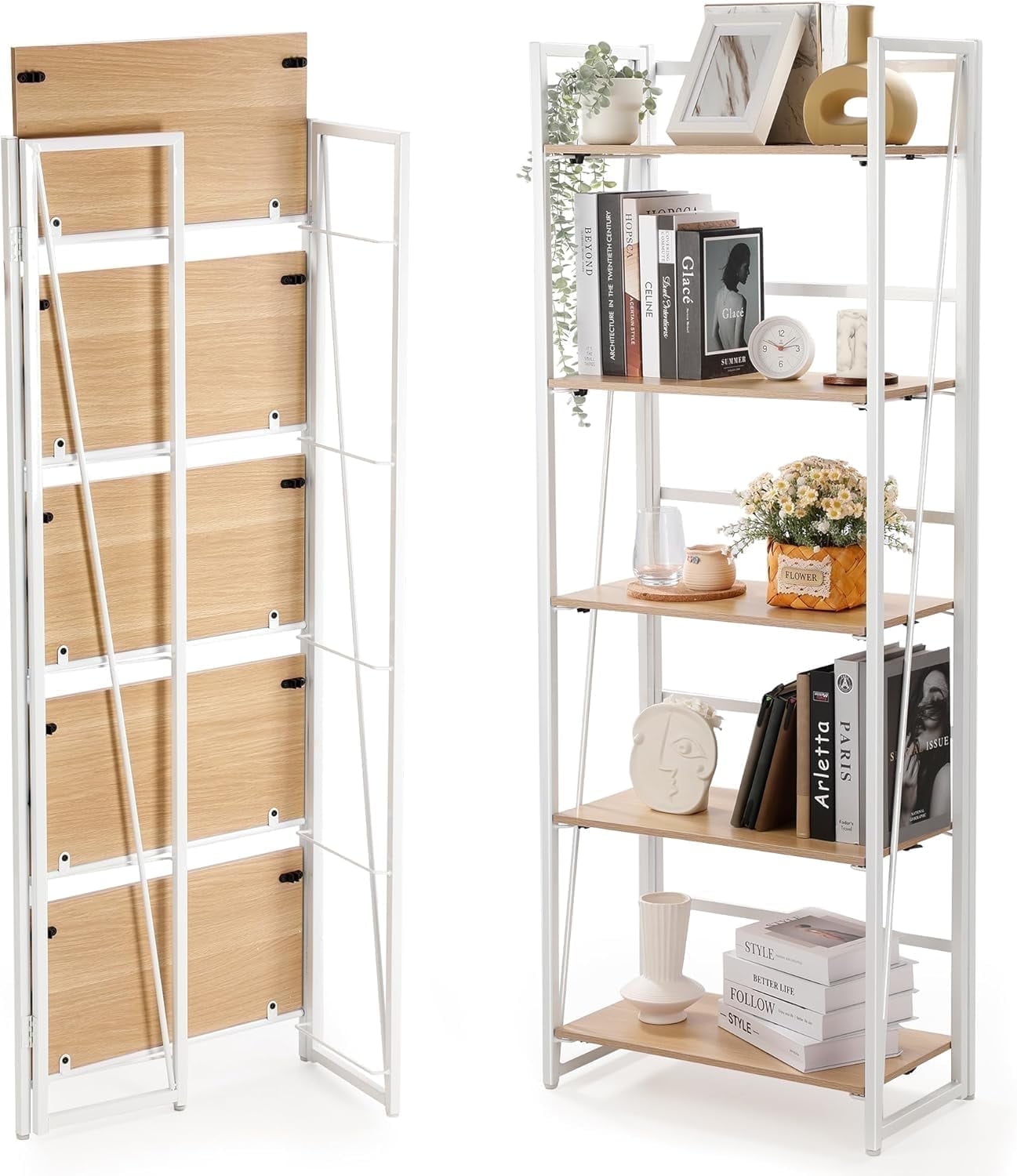 Vintage White 5 - Tier Folding Bookcase - Multifunctional Storage Rack ...